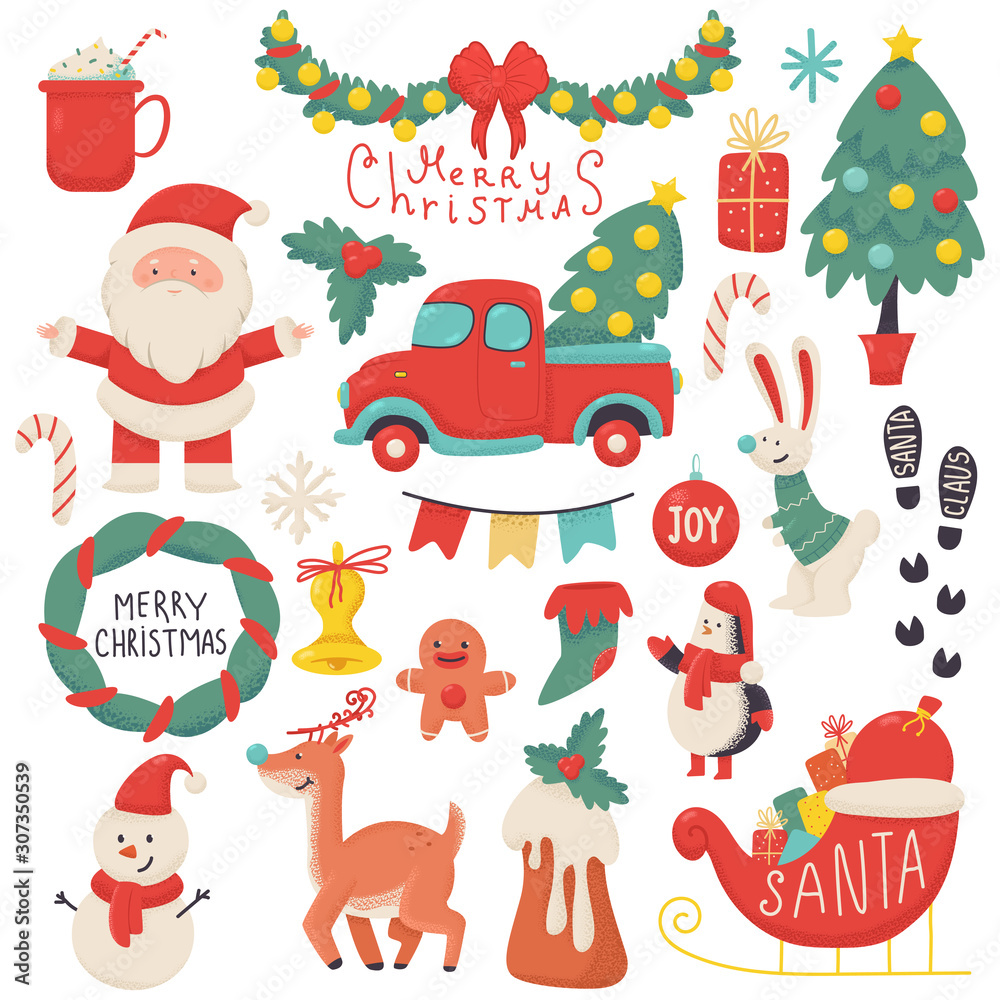 Christmas elements vector cartoon set isolated on white background ...