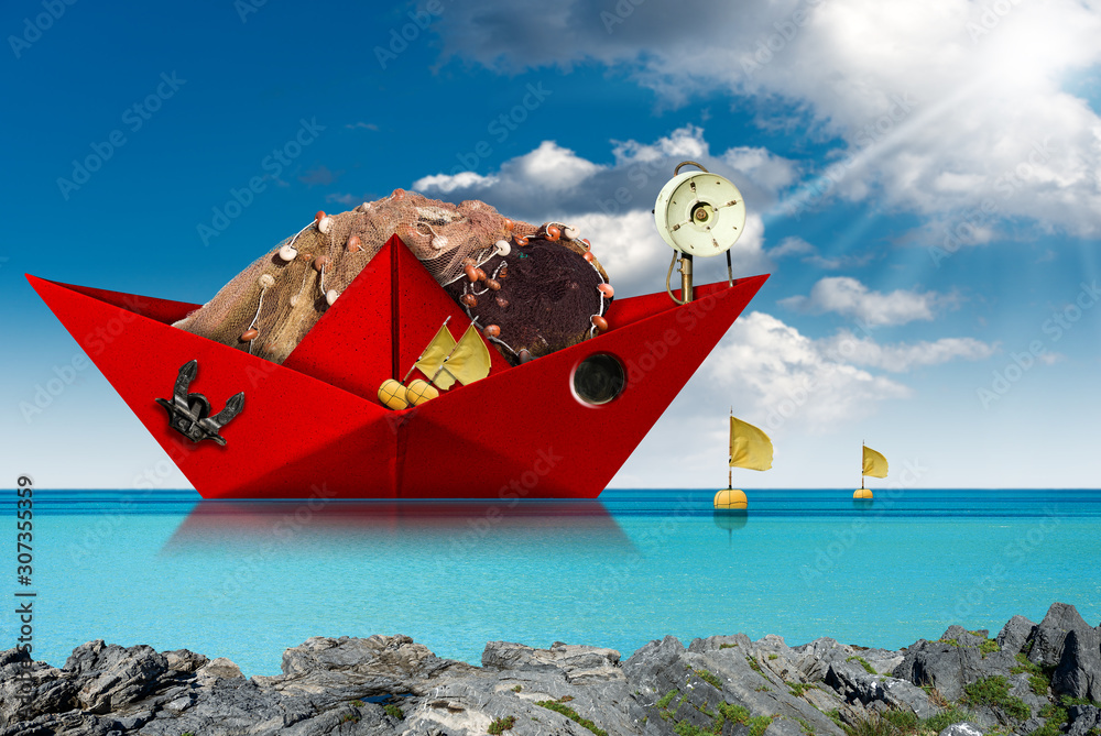 Red paper fishing boat with fishing nets, buoys with flags, winch and ...