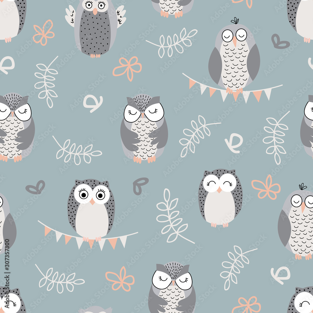 Vector repeat pattern with cute owls on green background. Hand-drawn ...