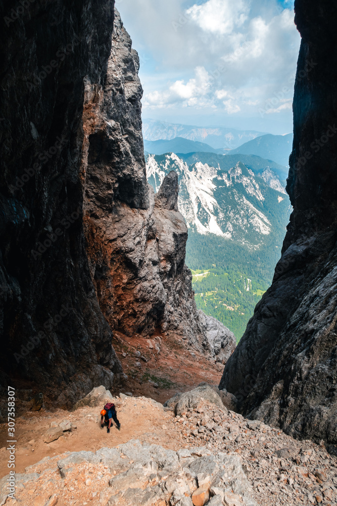 Famous Hanzova pot rock window, Via ferrata climbing path landscape in ...