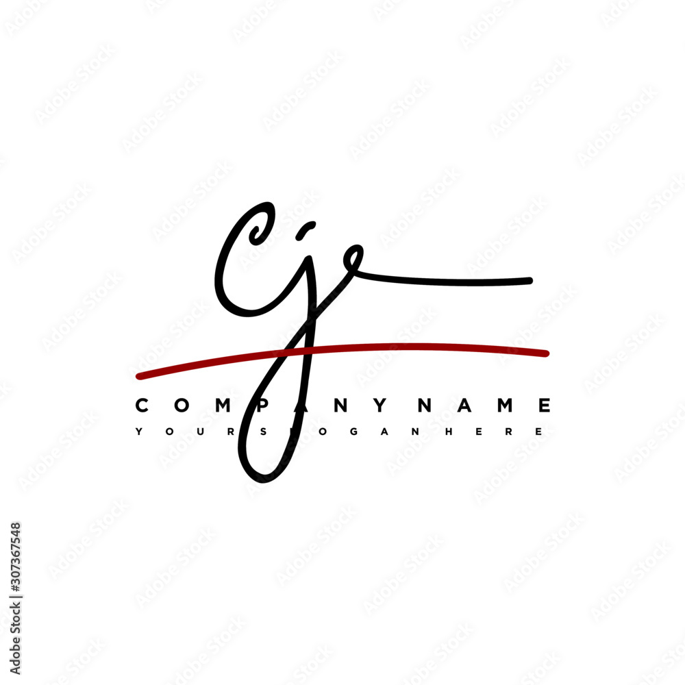 CJ signature initials. Handwritten logo vector template with red ...