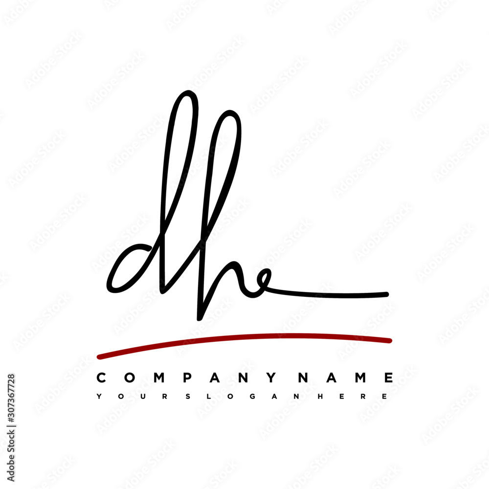 DH signature initials. Handwritten logo vector template with red ...