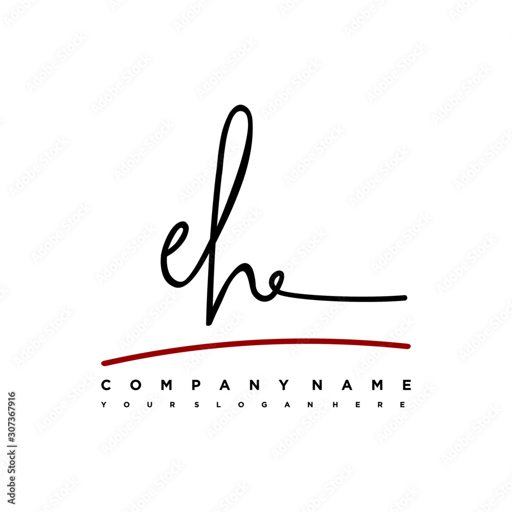 EH signature initials. Handwritten logo vector template with red ...