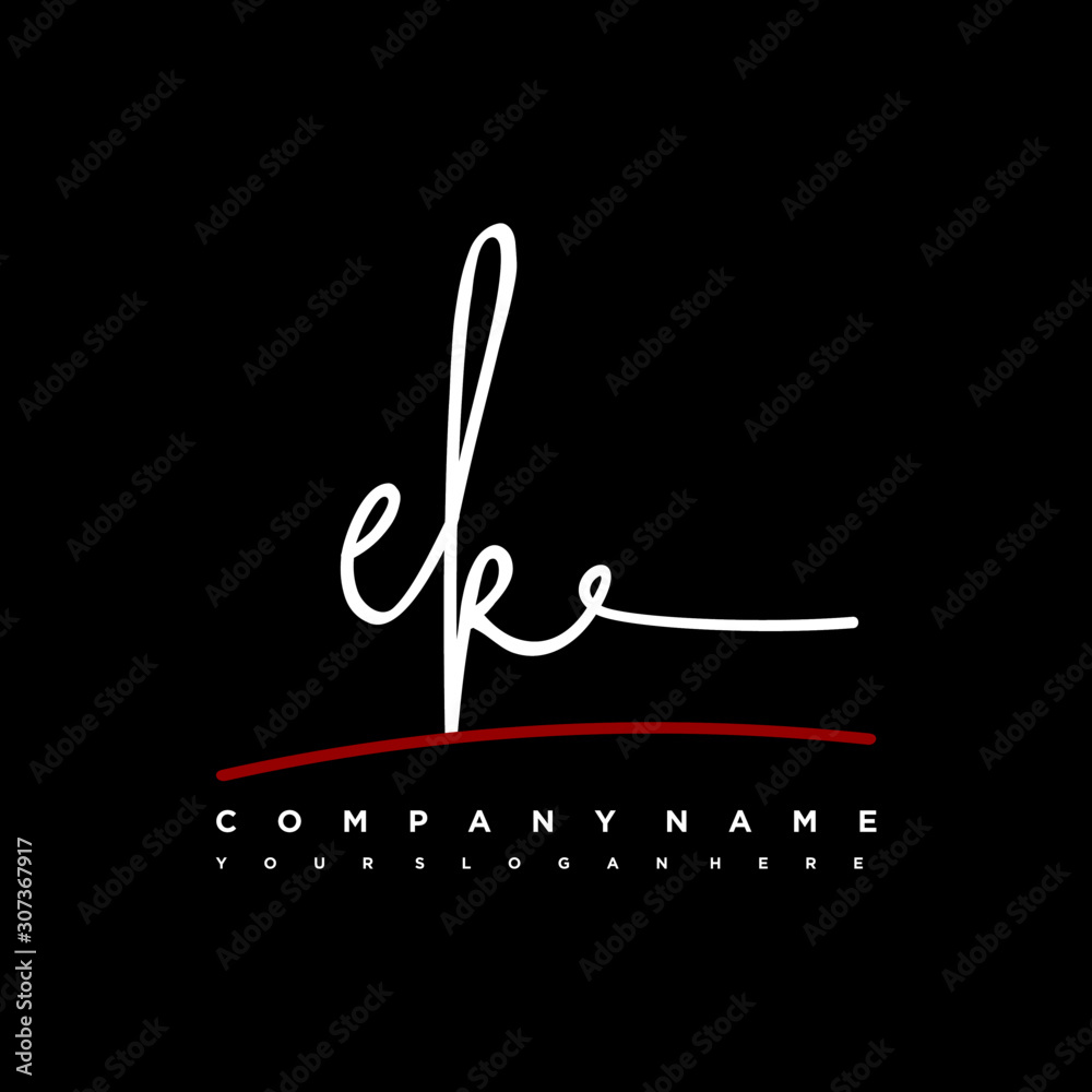 EK signature initials. Handwritten logo vector template with red ...