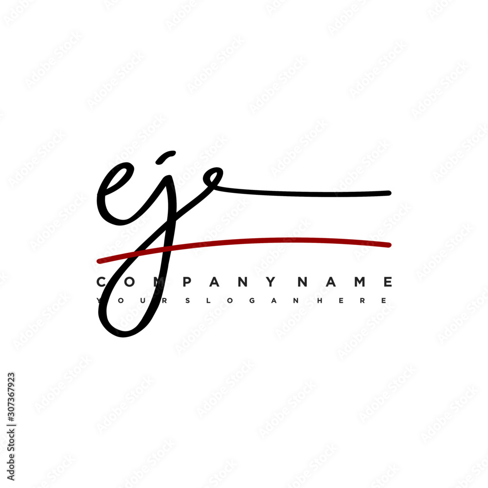 EJ signature initials. Handwritten logo vector template with red ...