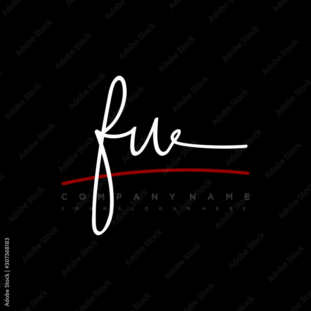 FU signature initials. Handwritten logo vector template with red ...