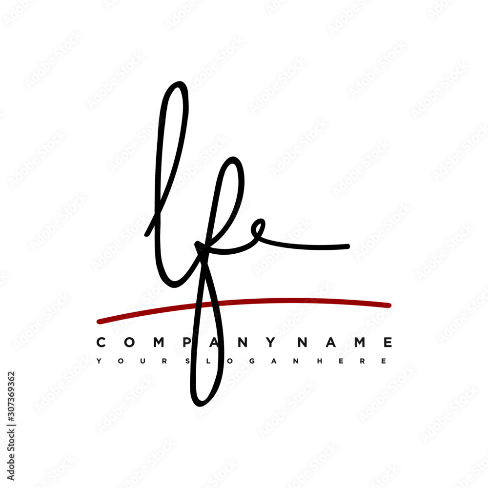 LF signature initials. Handwritten logo vector template with red ...