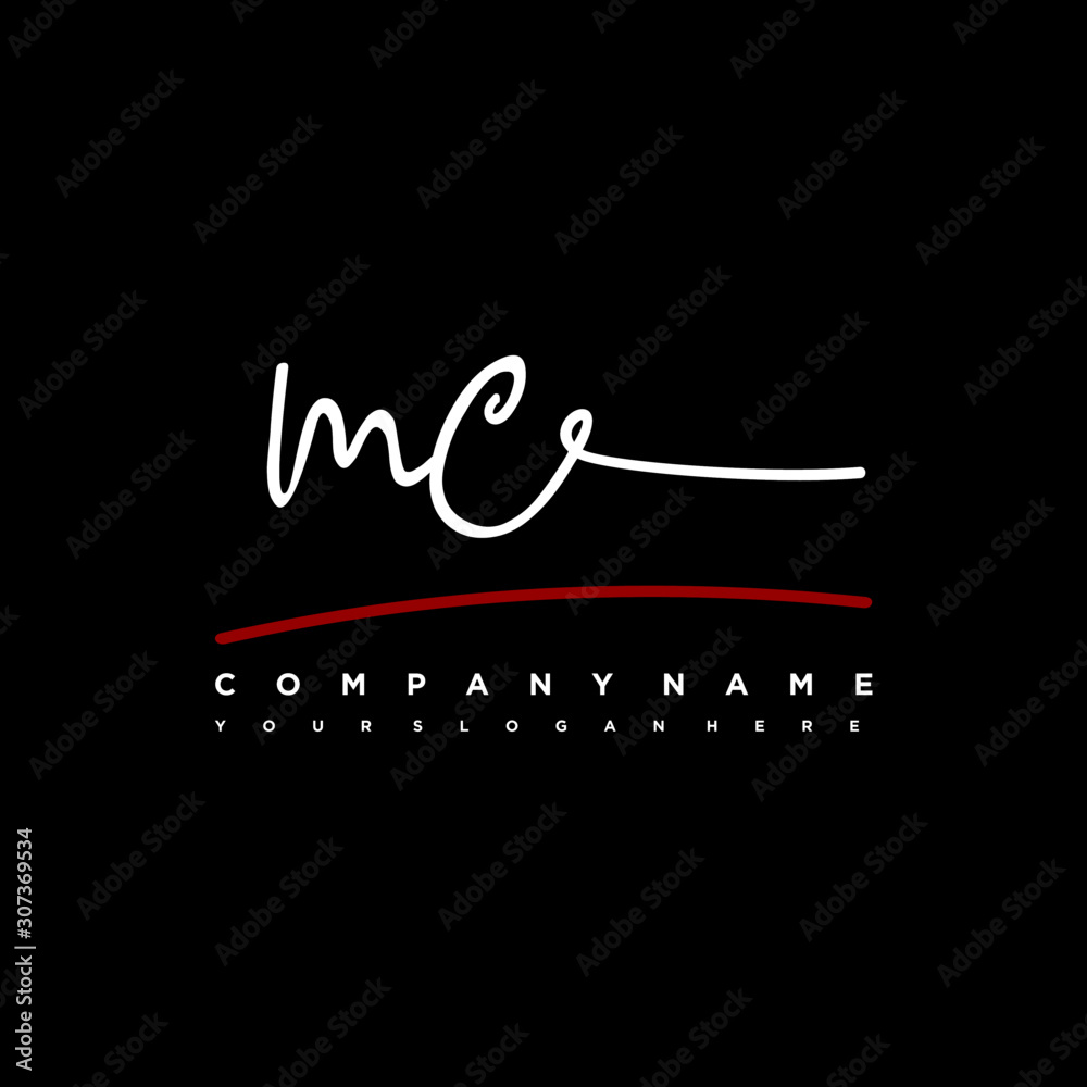 MC signature initials. Handwritten logo vector template with red ...