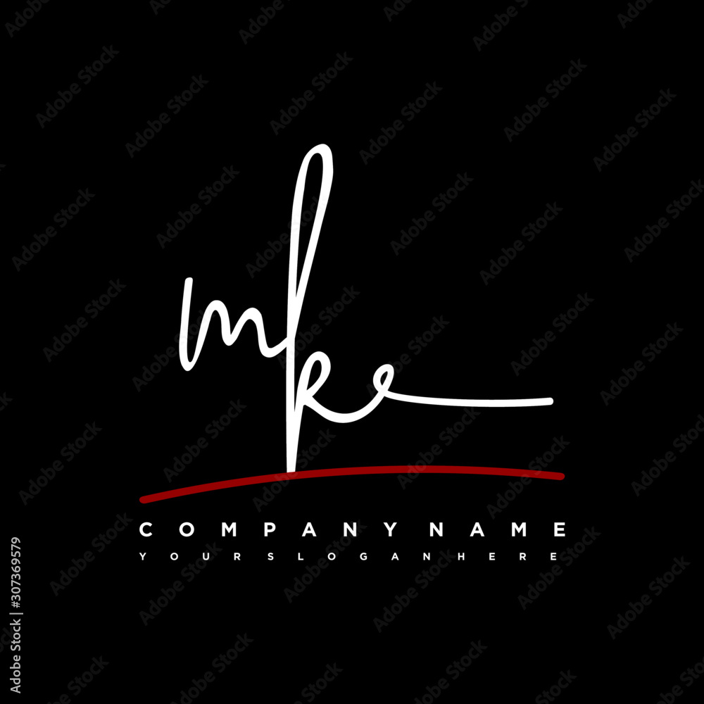 MK signature initials. Handwritten logo vector template with red ...