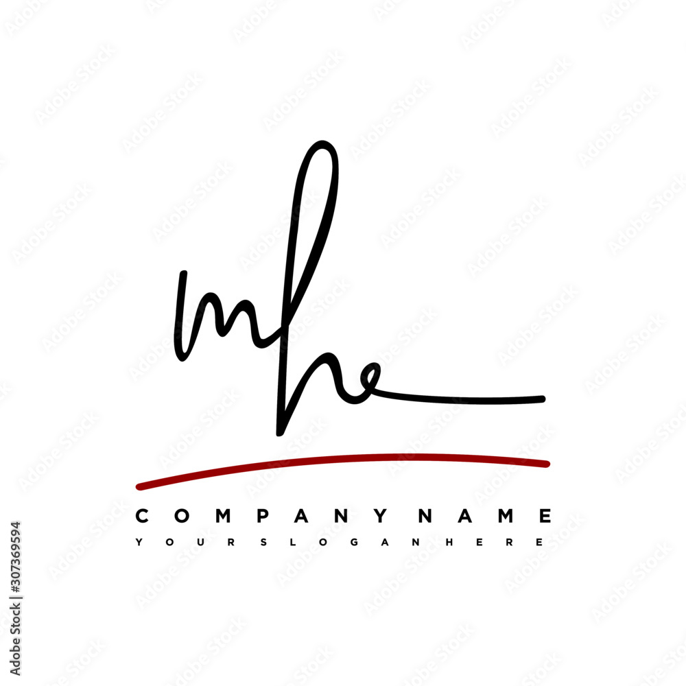 MH signature initials. Handwritten logo vector template with red ...