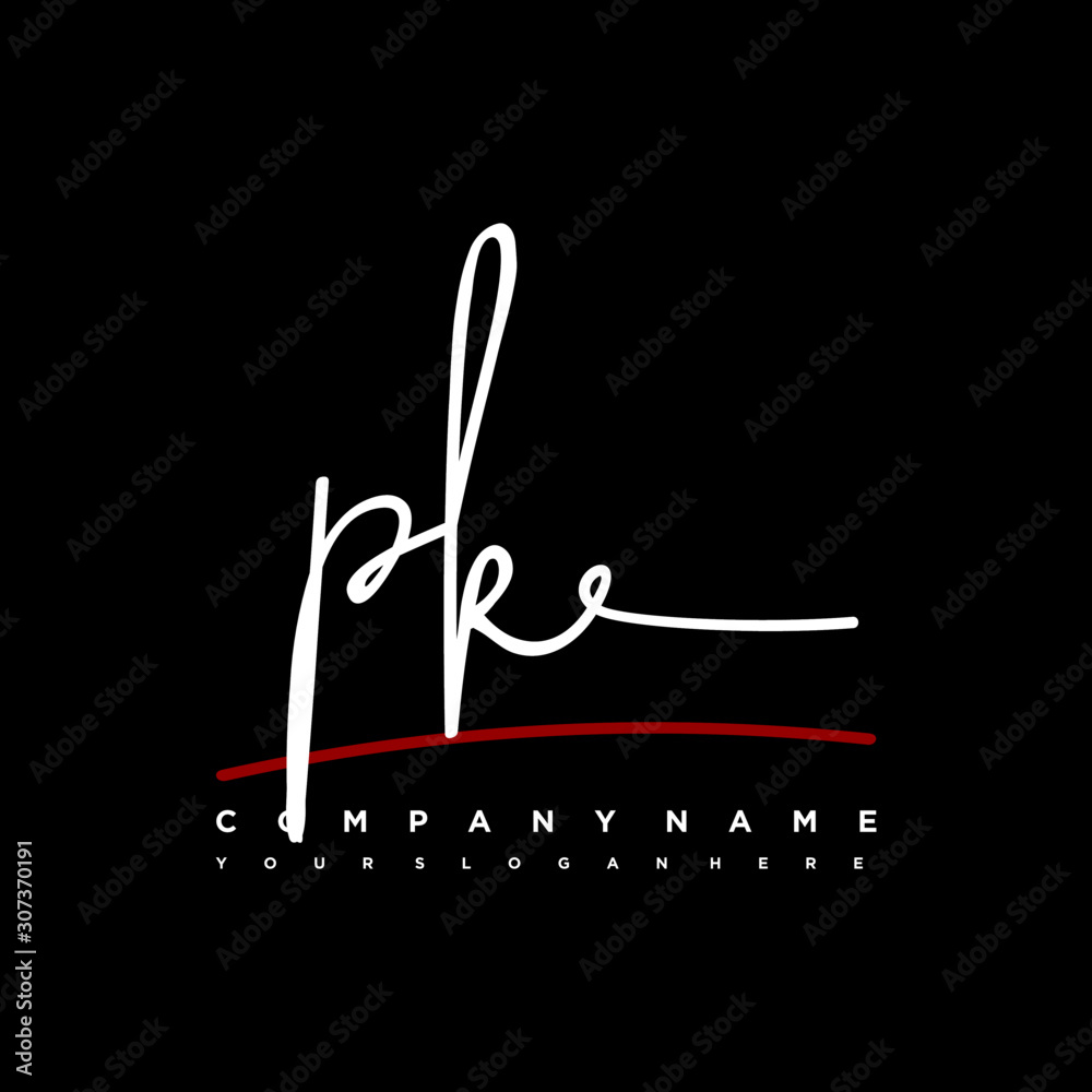 PK signature initials. Handwritten logo vector template with red ...