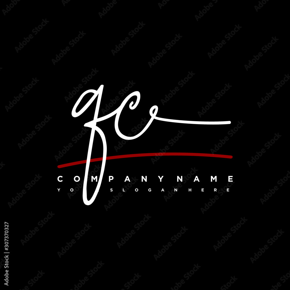 QC signature initials. Handwritten logo vector template with red ...