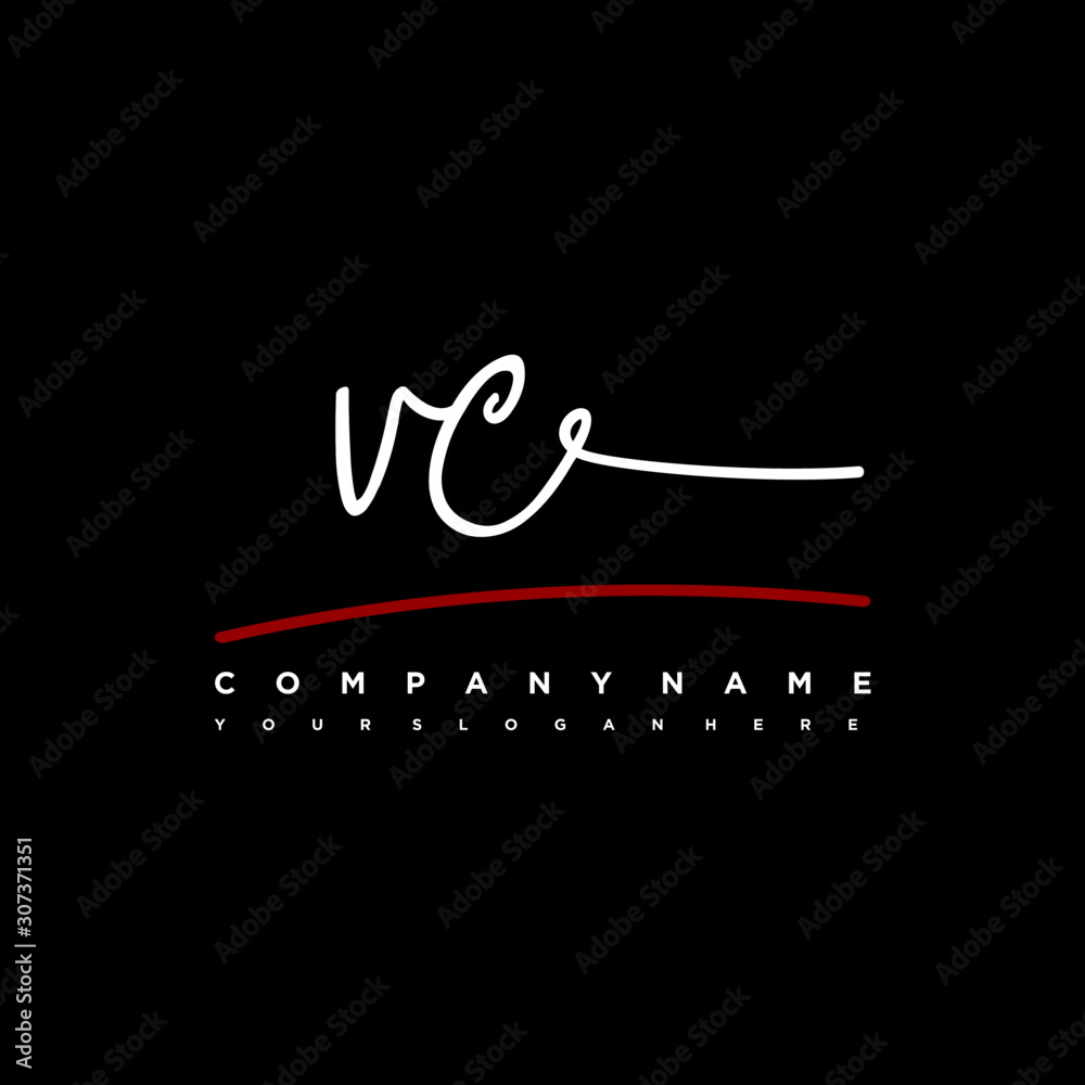 VC signature initials. Handwritten logo vector template with red ...