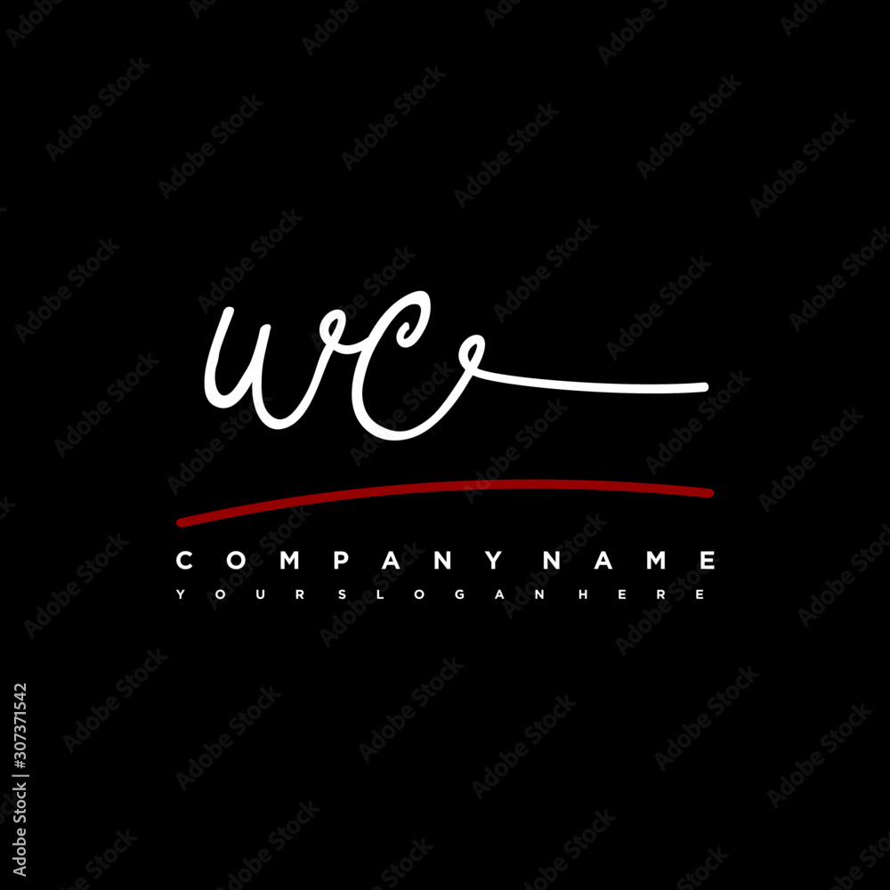 WC signature initials. Handwritten logo vector template with red ...