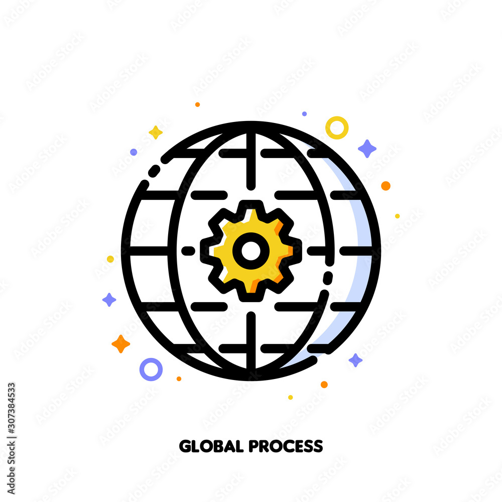 Icon of gear and globe for international business process concept. Flat ...