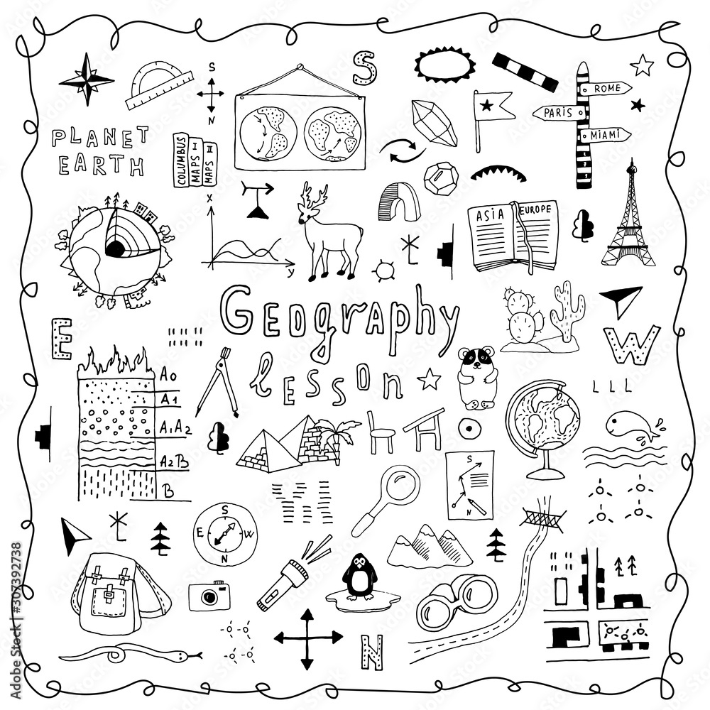 Symbols and drawings for a school geography lesson, set on a white ...