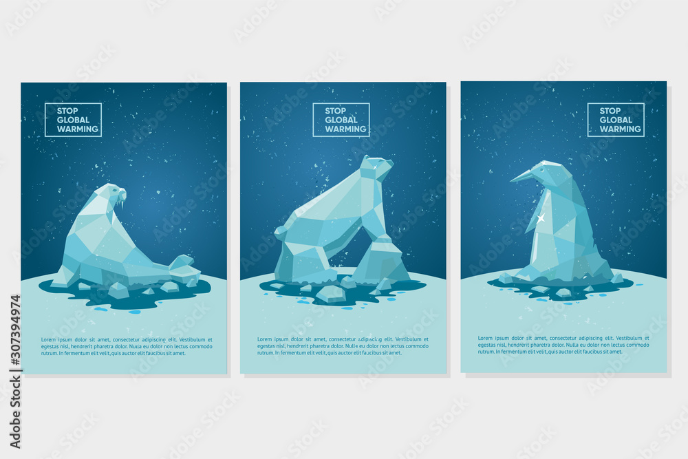 Global warming concept. Ecology poster set with polar animals and ...