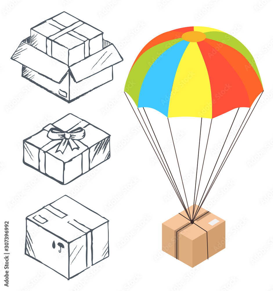 Ecommerce sketch of cardboard parcel and colorful parachute with box ...