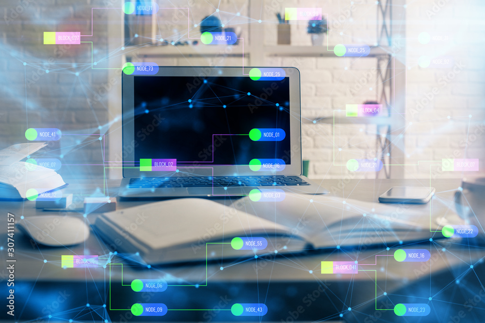 Technology theme drawing and table with computer. Multi exposure ...