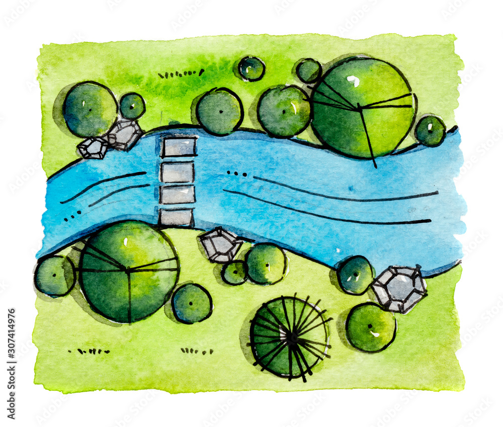 Landscape architect plan design by watercolor hand drawn painting with ...