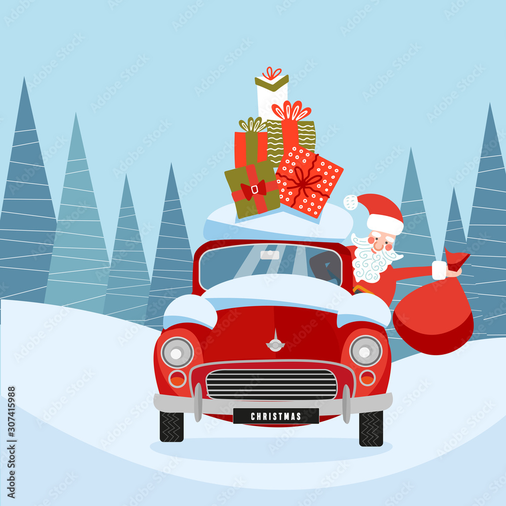 Cartoon Happy Santa Claus in retro car with gift boxes on roof. Stylish ...