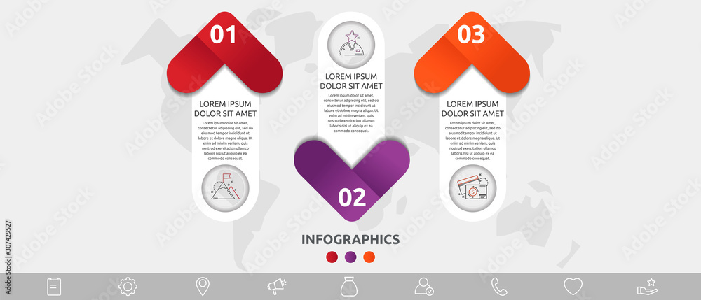 Vector infographic template. Three arrows with icons and labels ...