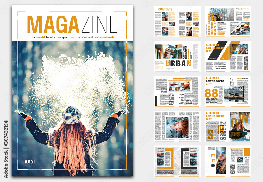 Magazine Layout with Orange Accents Stock Template | Adobe Stock