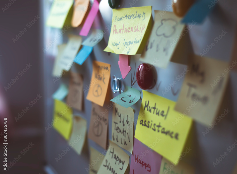 Sticky notes on the board for business memos and ideas. Stock Photo ...