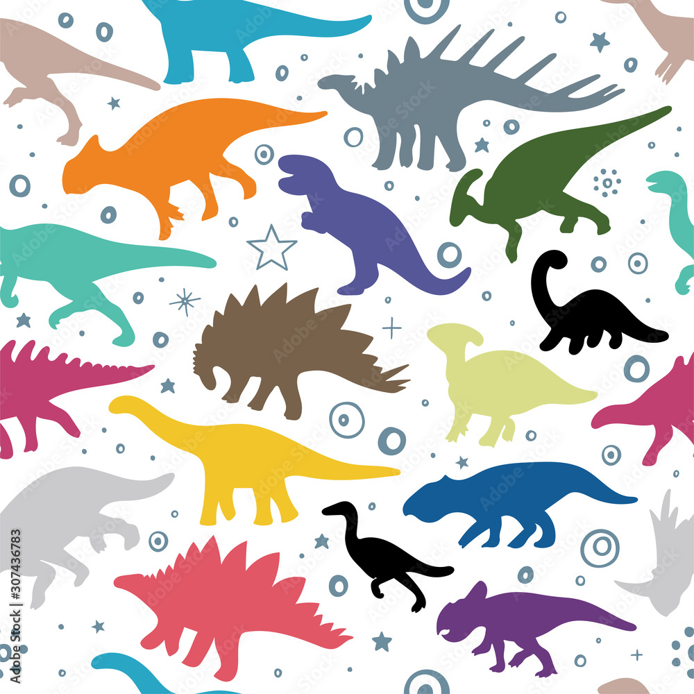 Dinosaur. Hand drawn colorful dinosaurs vector seamless background ...