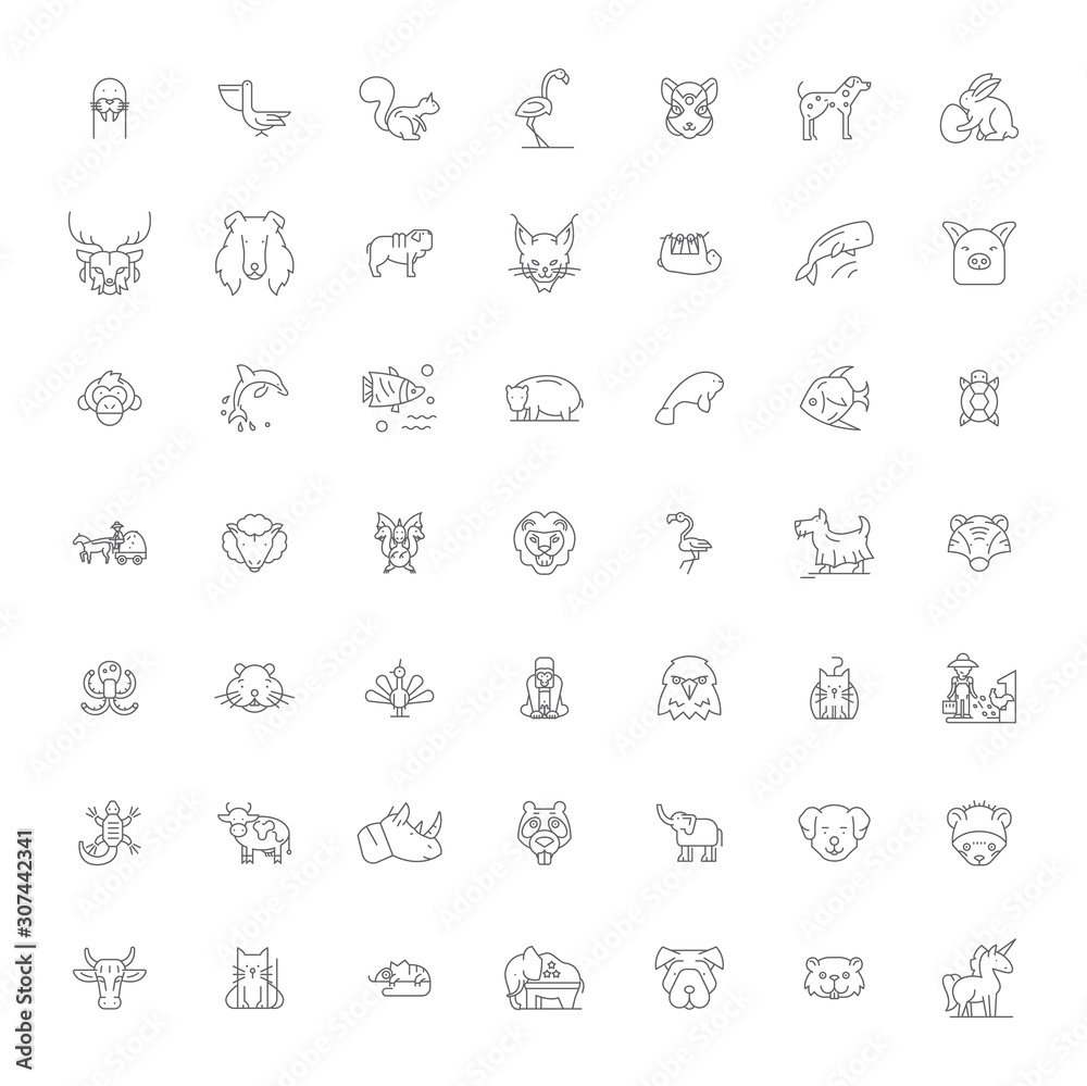 Cute animals line icons, signs, symbols vector, linear illustration set ...