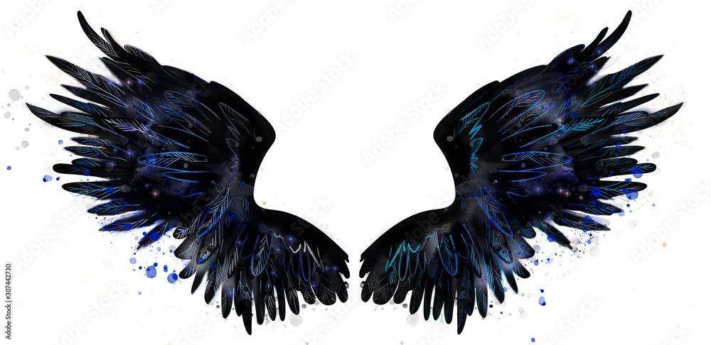 Beautiful black magic raven wings watercolor drawing Stock Illustration ...