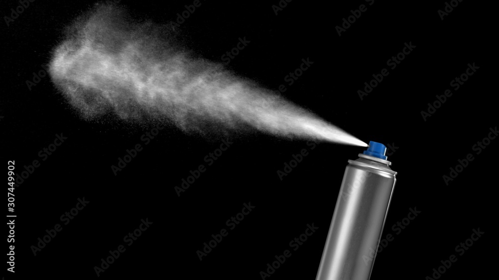 VFX plate photo of spray can with blast on black background, fountain ...