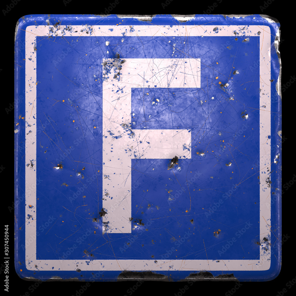 Public road sign in blue color with a capitol white letter F in the ...