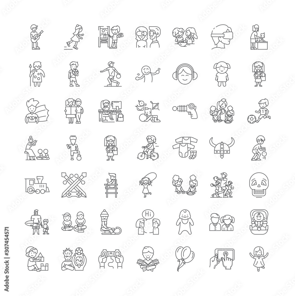 Playing kids line icons, signs, symbols vector, linear illustration set ...