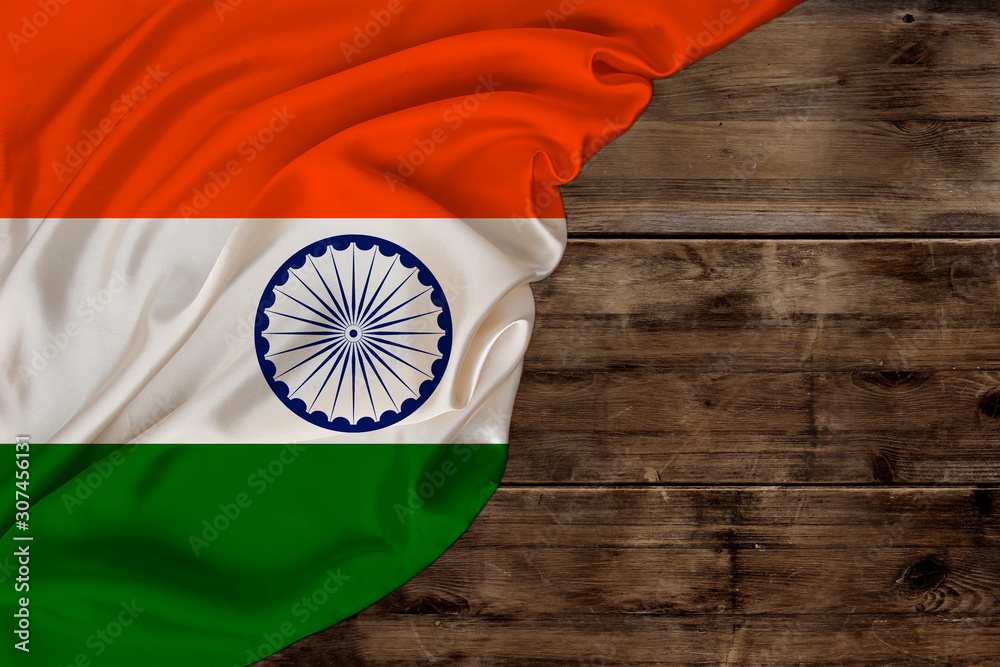 color national flag of modern state of india, beautiful silk, old wood ...