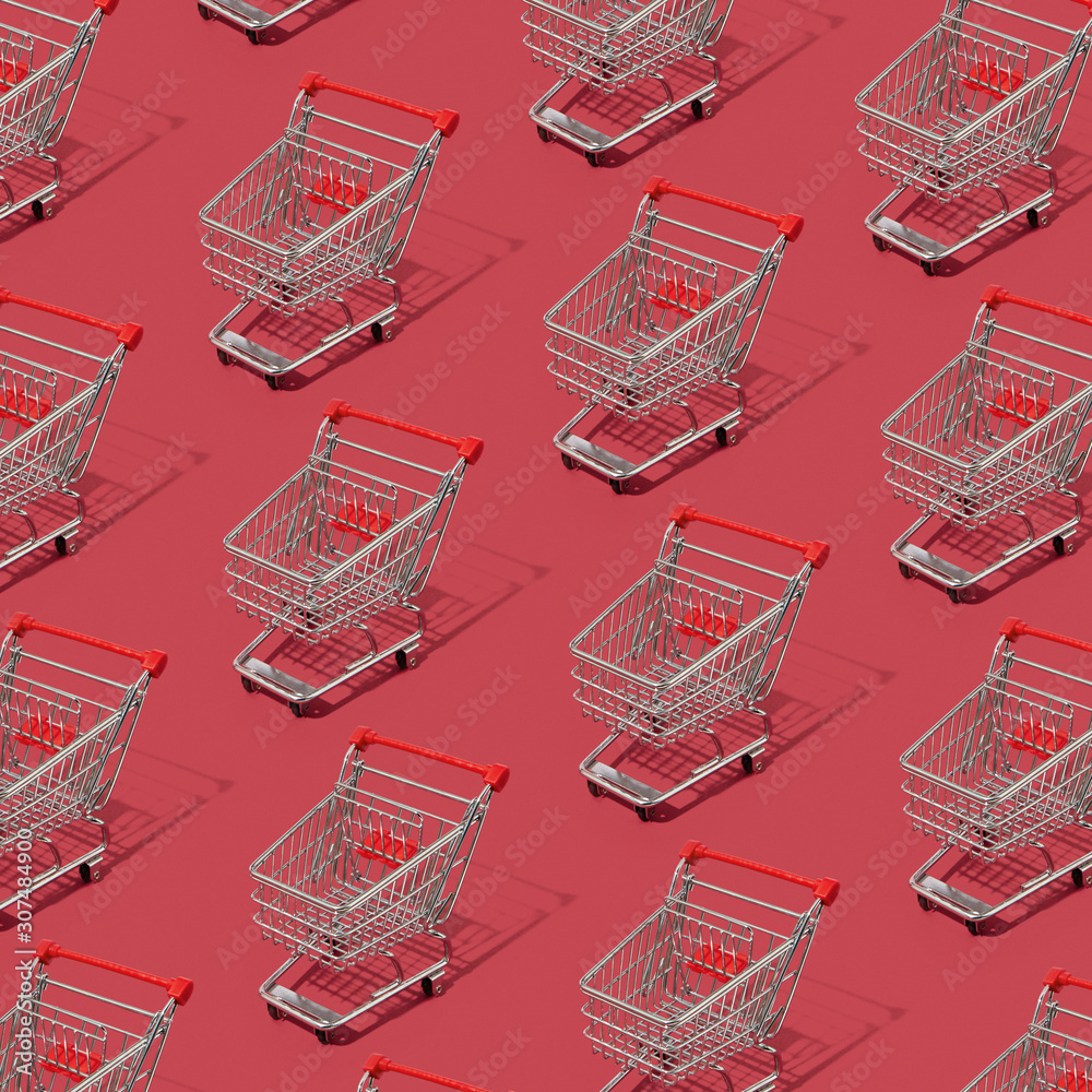Many metal shopping carts on a red background with reflection of the ...