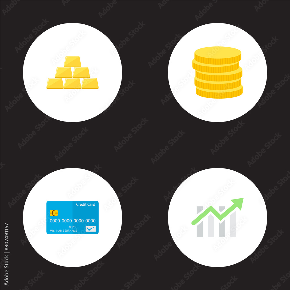 Set of finance icons flat style symbols with coins, gold bars, progress ...