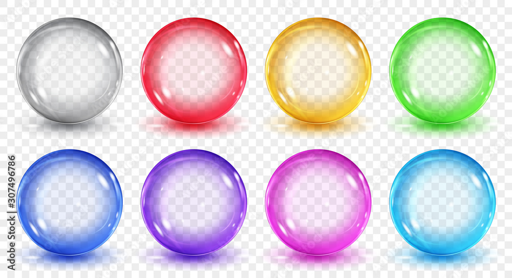 Set of translucent colored spheres with shadows on transparent ...