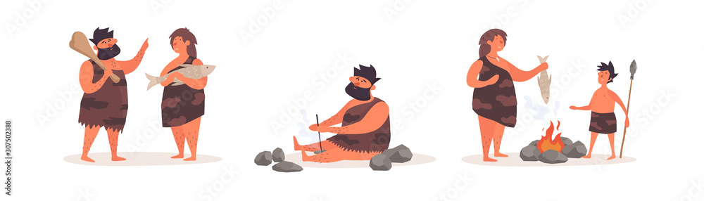 Collection of stone age people on an isolated white background ...