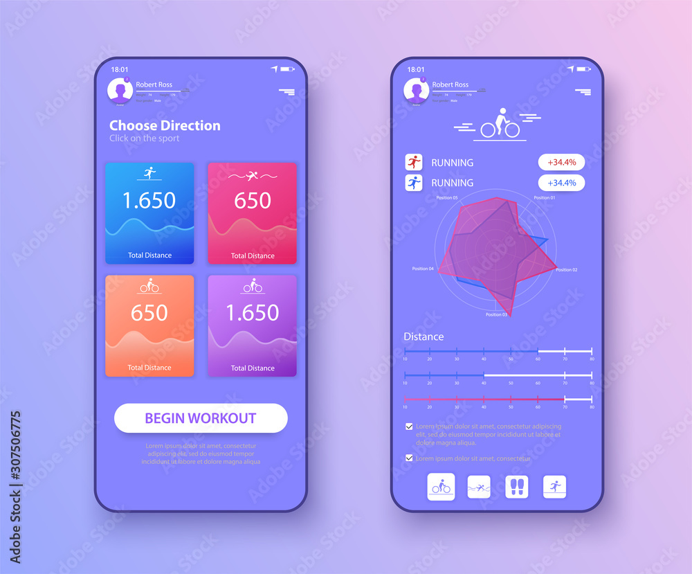 Different UI, UX, GUI screens fitness app and flat web icons for mobile ...