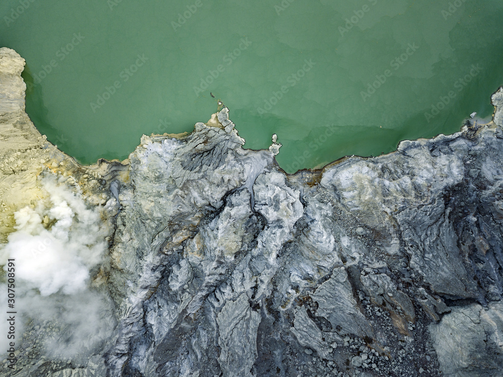 Indonesia, Java, Aerial view of green sulphuric lake of?Ijen?volcano ...