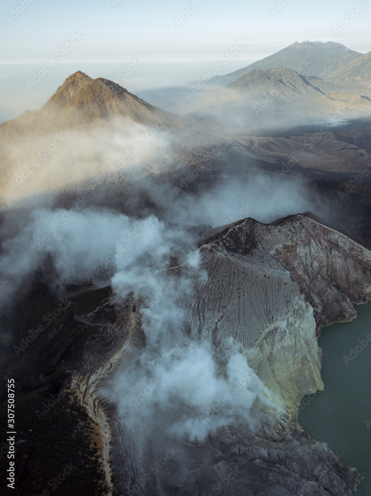 Indonesia, Java, Aerial view of green sulphuric lake of Ijen volcano ...