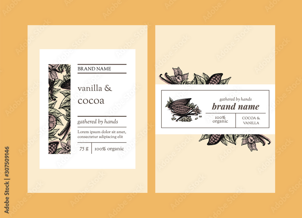 Vector set of package design with cocoa and vanilla hand drawn elements ...