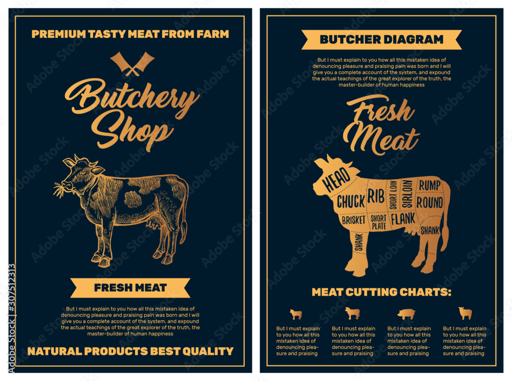 Butchery Shop Poster with Cow Meat Cutting Charts in Golden Colors on ...