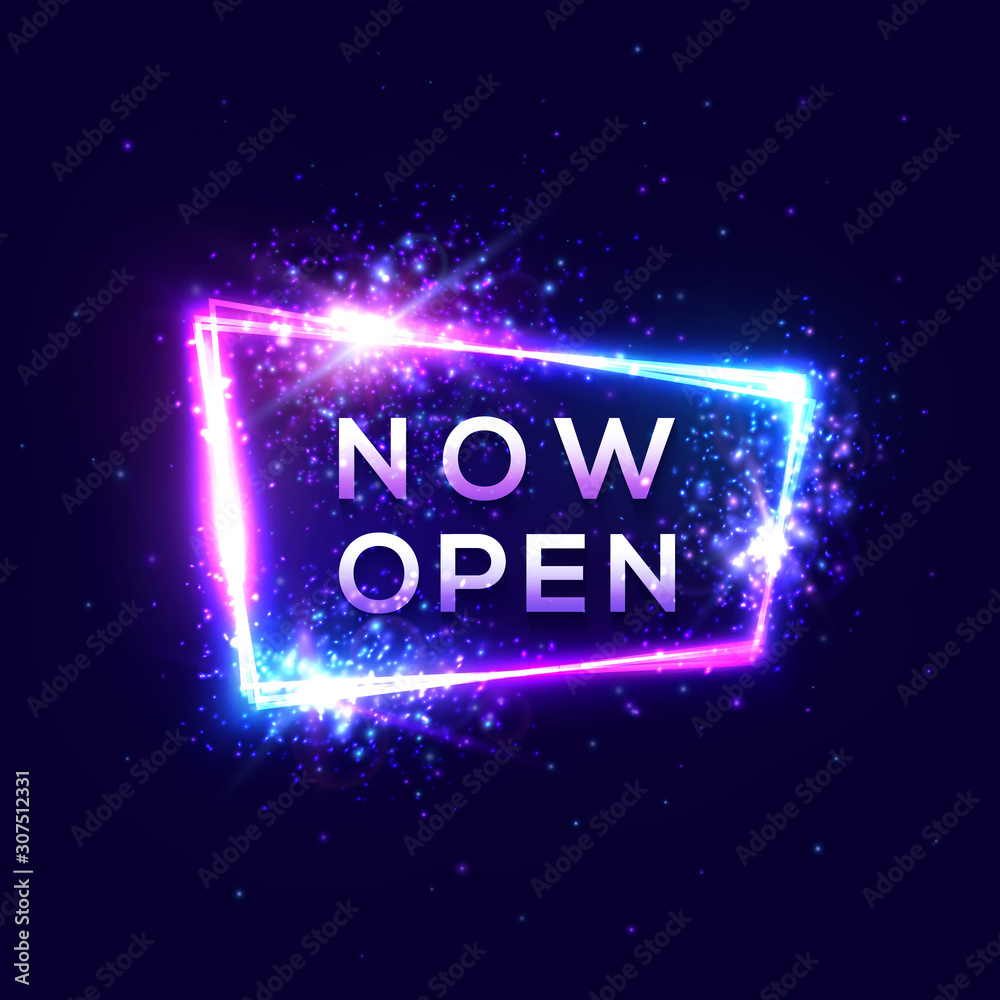 Now Open sign on dark blue background. Neon light banner design with ...