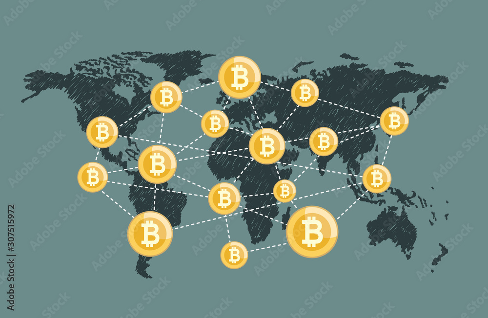 World map with world network and crypto currency bitcoin illustration ...