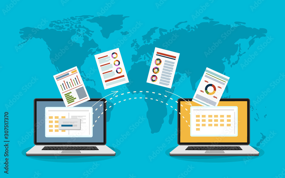 File transfer. Two laptops with folders on screen and transferred ...