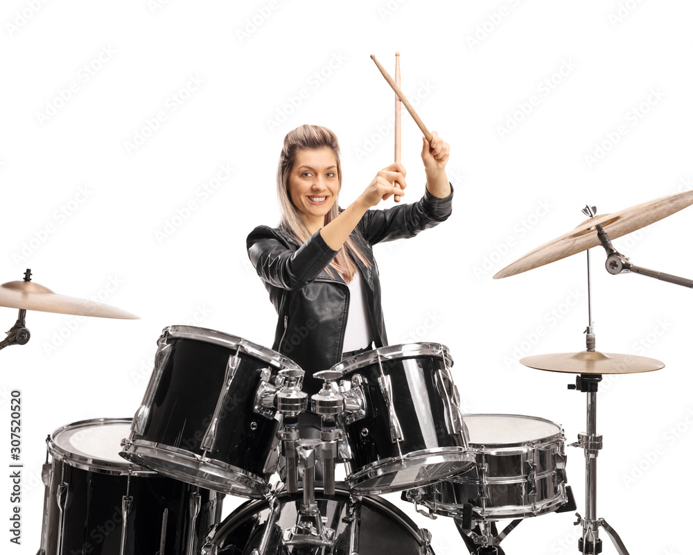 Beautiful female drummer with a drumkit and drumsticks Stock Photo ...