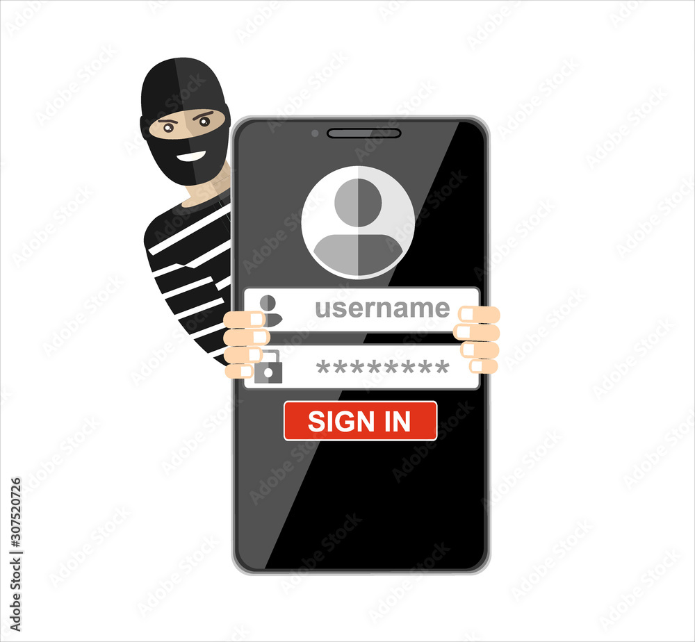 Thief hacker in mask stealing passwords from smartphone. anti phishing and internet viruses ...