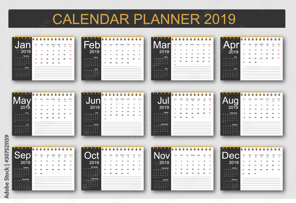 2019 Calendar Planner Design. Monthly scheduler. Week starts on Sunday ...
